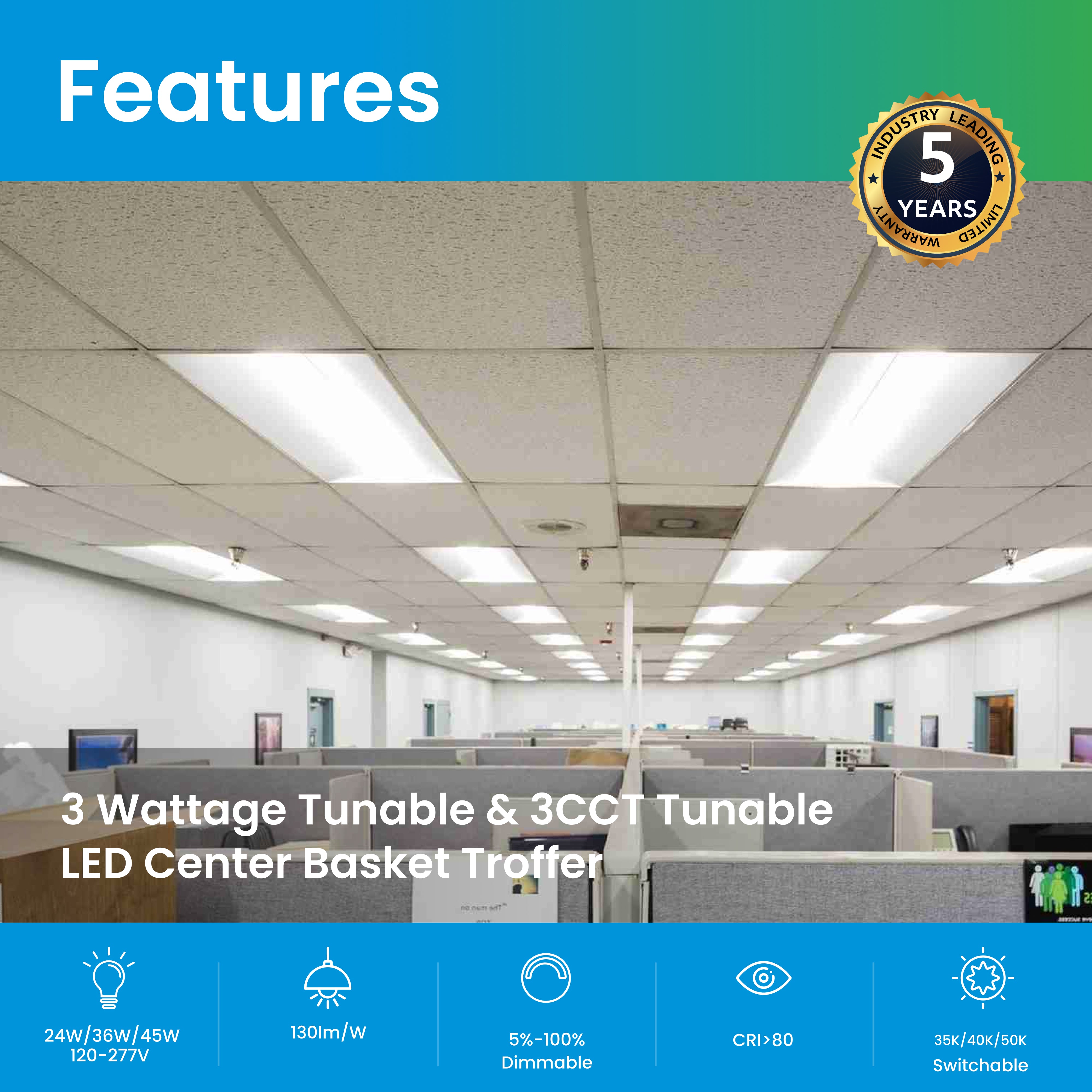 Tektron 2x4 FT Center Basket LED Troffer, 24W/36W/45 Watt Selectable a ...