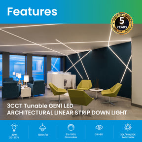 4 Foot Linear Pendant Light, 40 Watt, 5200 Lumens, 3K/4K/5K Color Chan ...